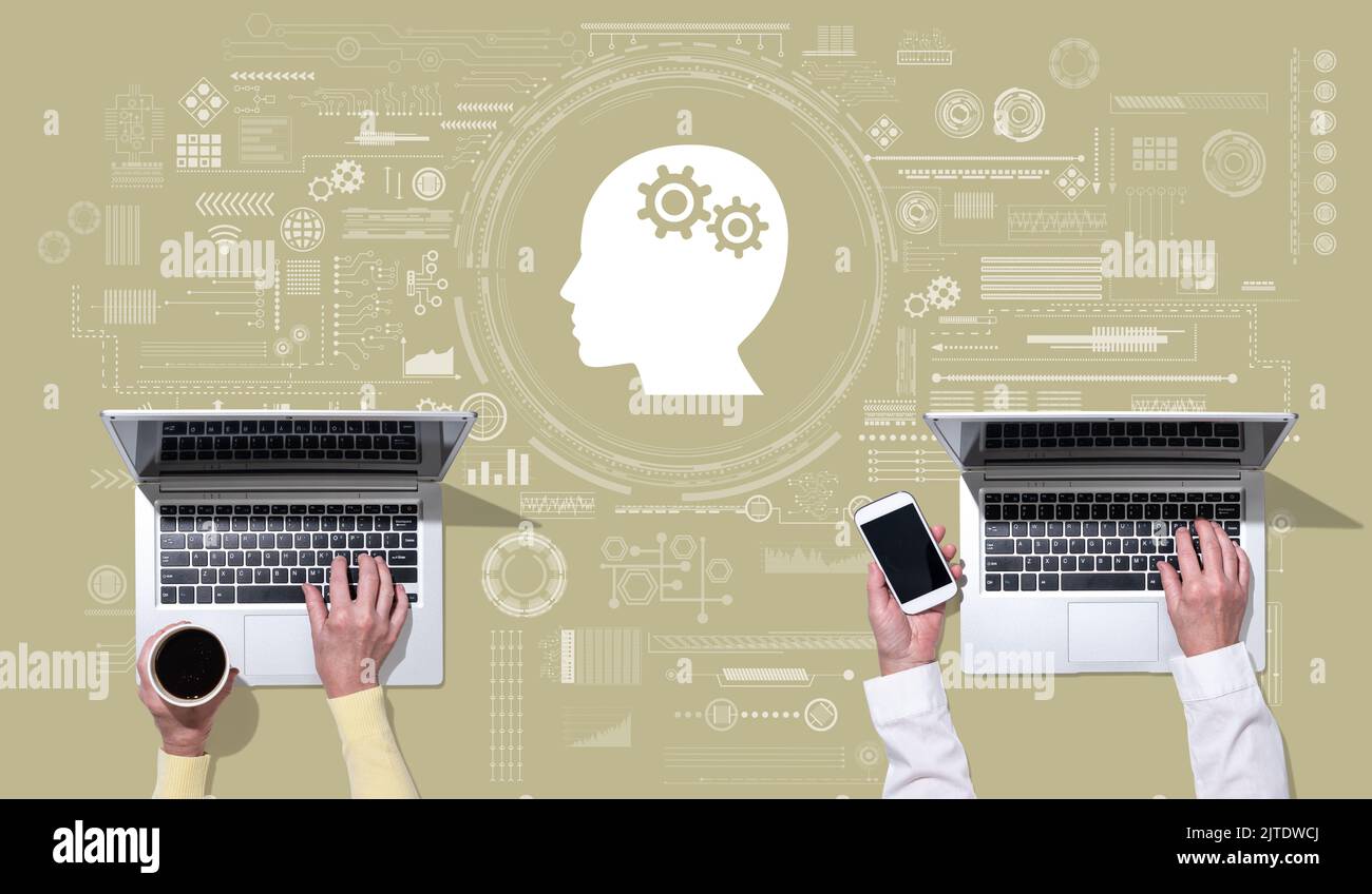 Top view of hands using laptop with symbol of skills concept Stock ...