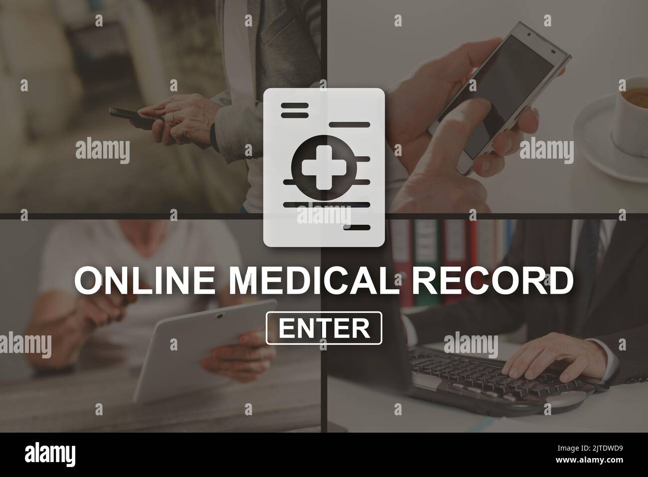 Online medical record concept illustrated by pictures on background ...