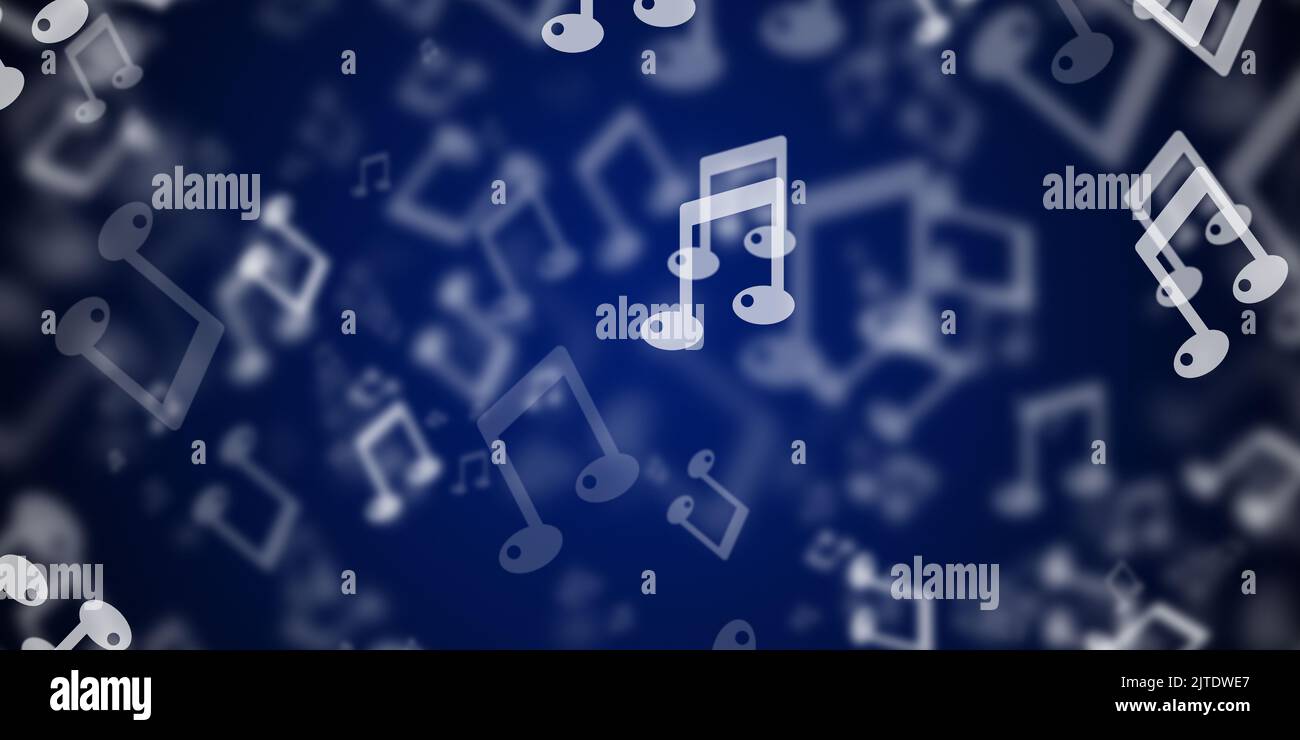 Flying music notes over dark blue background Stock Photo - Alamy
