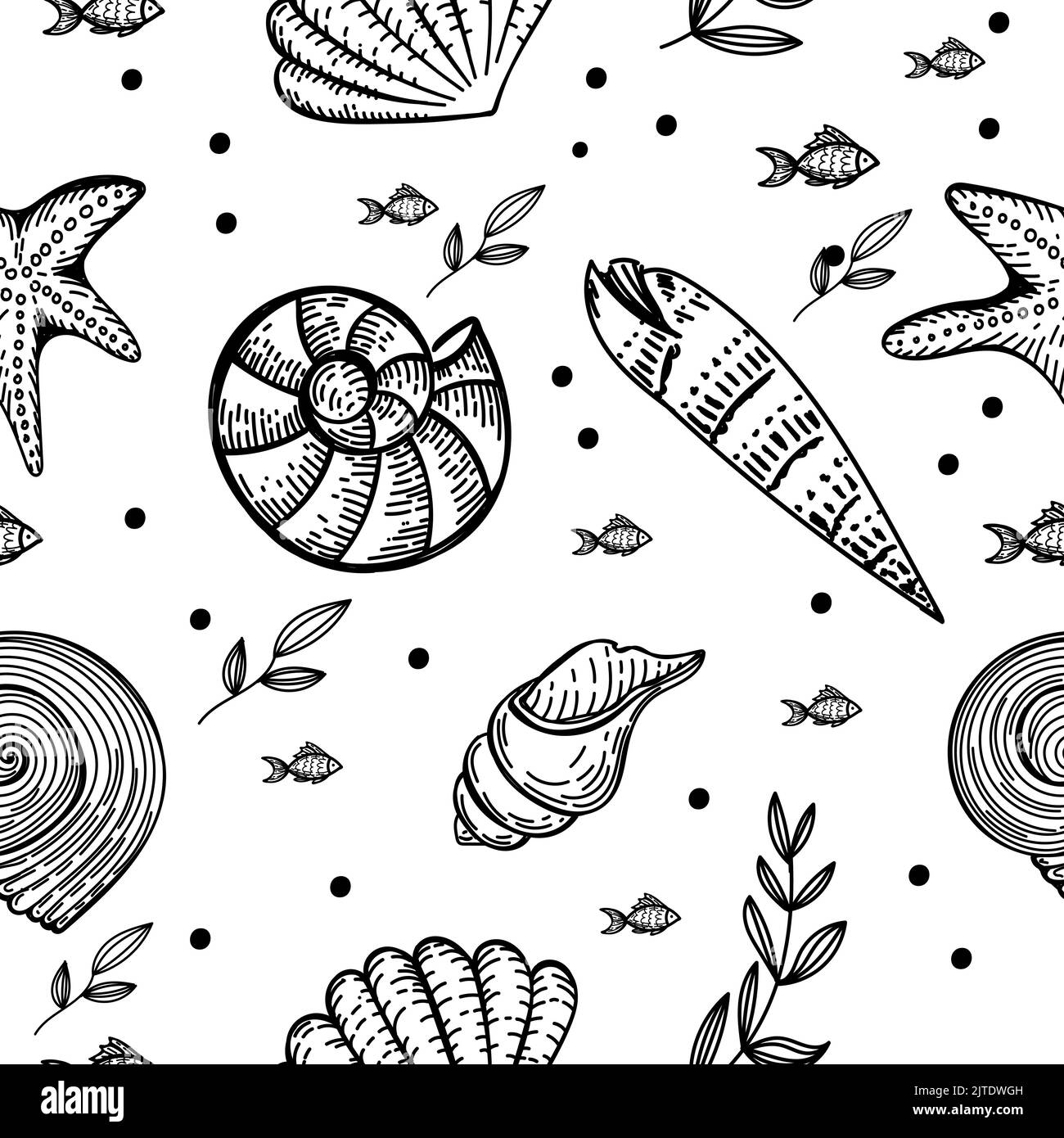 Seamless pattern, hand-drawn sea creatures in sketch style. Shells and ...
