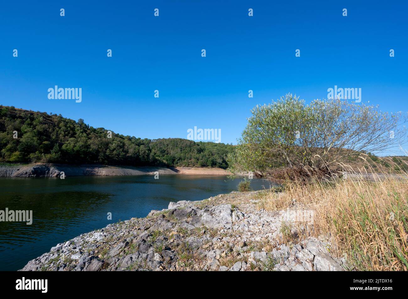 Drought landscape in summer around Villerest lake in the Loire ...