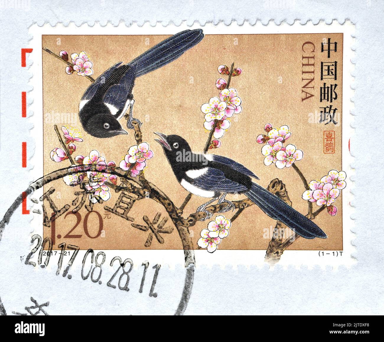CHINA - CIRCA 2017:A stamp printed in China shows magpie,circa 2017 ...