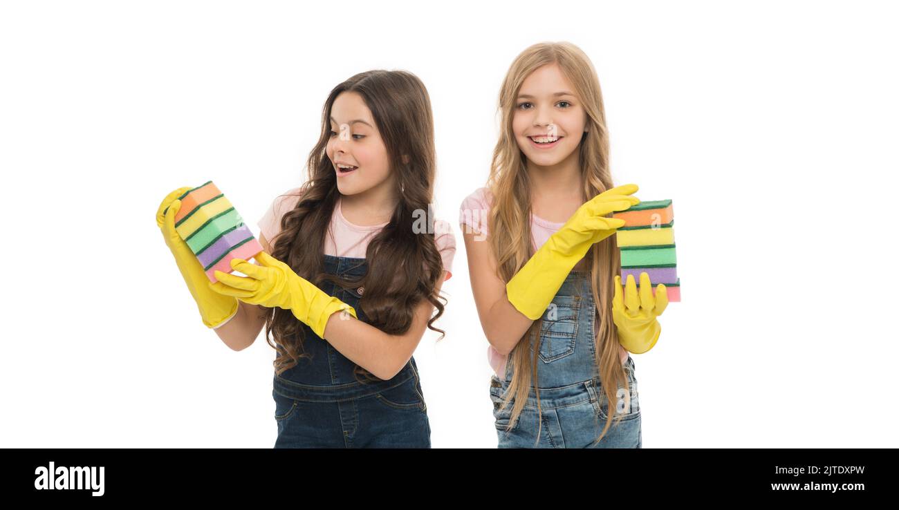 Ready to help. Helpful kids cleaning with sponges. Girls protective ...