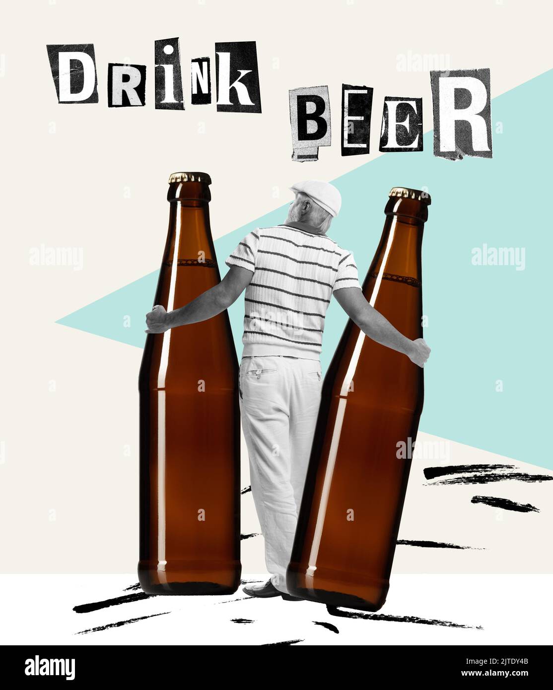 Man hugs huge beer bottle. Contemporary art collage. Concept of ...
