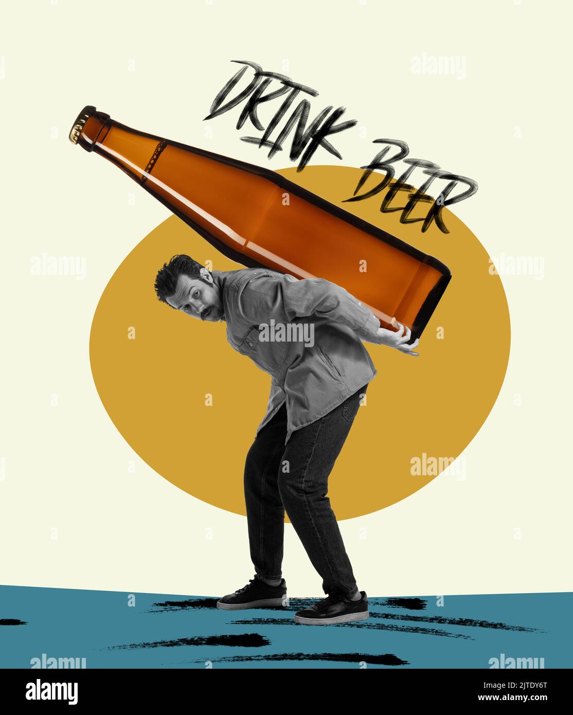Man carrying huge beer bottle. Contemporary art collage. Concept of ...