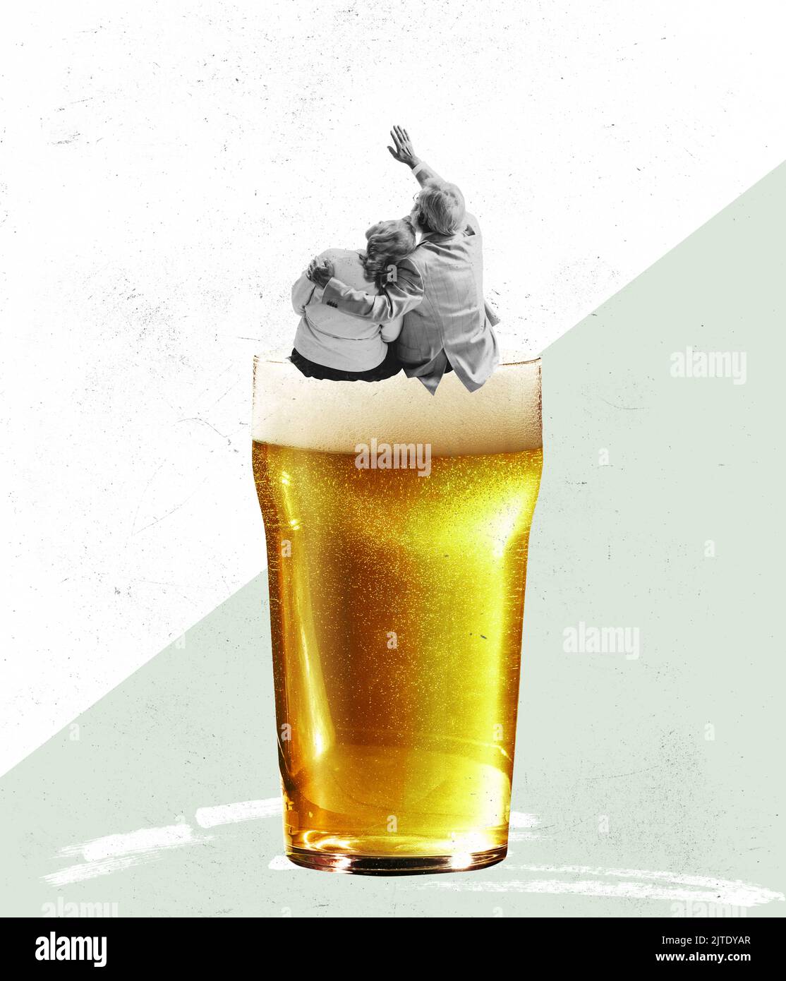 Senior couple sitting on huge beer glass. Contemporary art collage ...