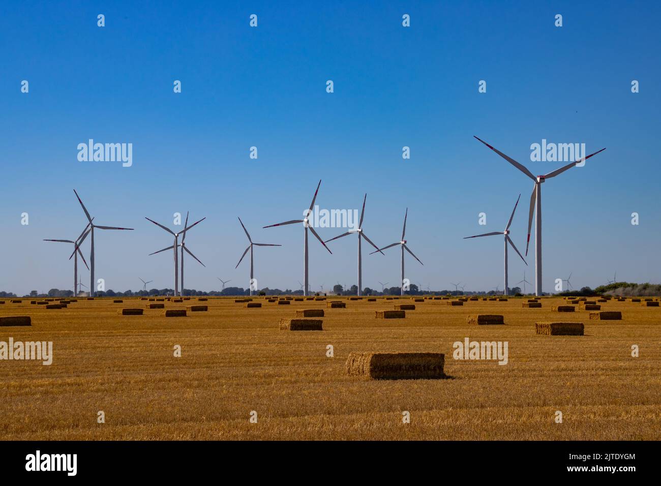 Renewable energy wind turbines behind a freshly harvested agricultural ...
