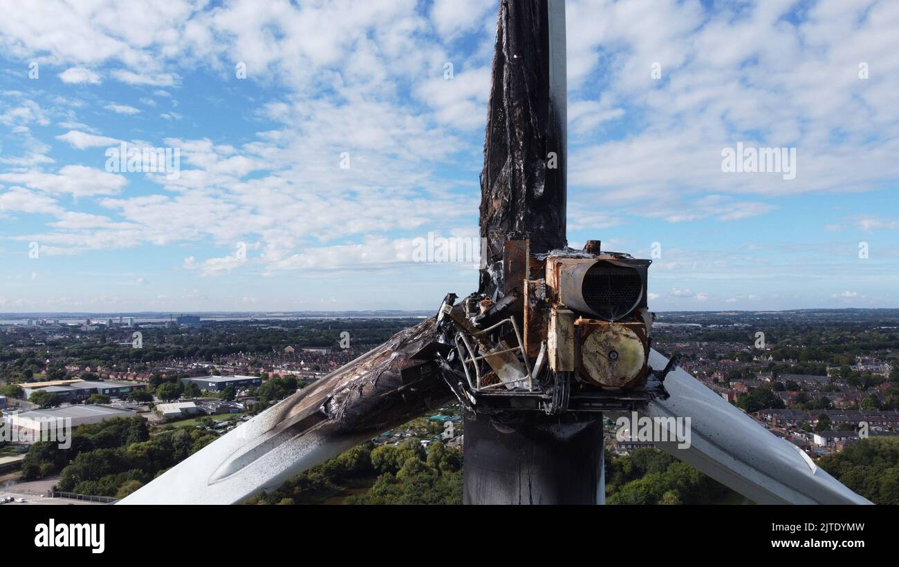 Aerial view of wind turbine fire damage, Cargill, Oak Road, Kingston ...