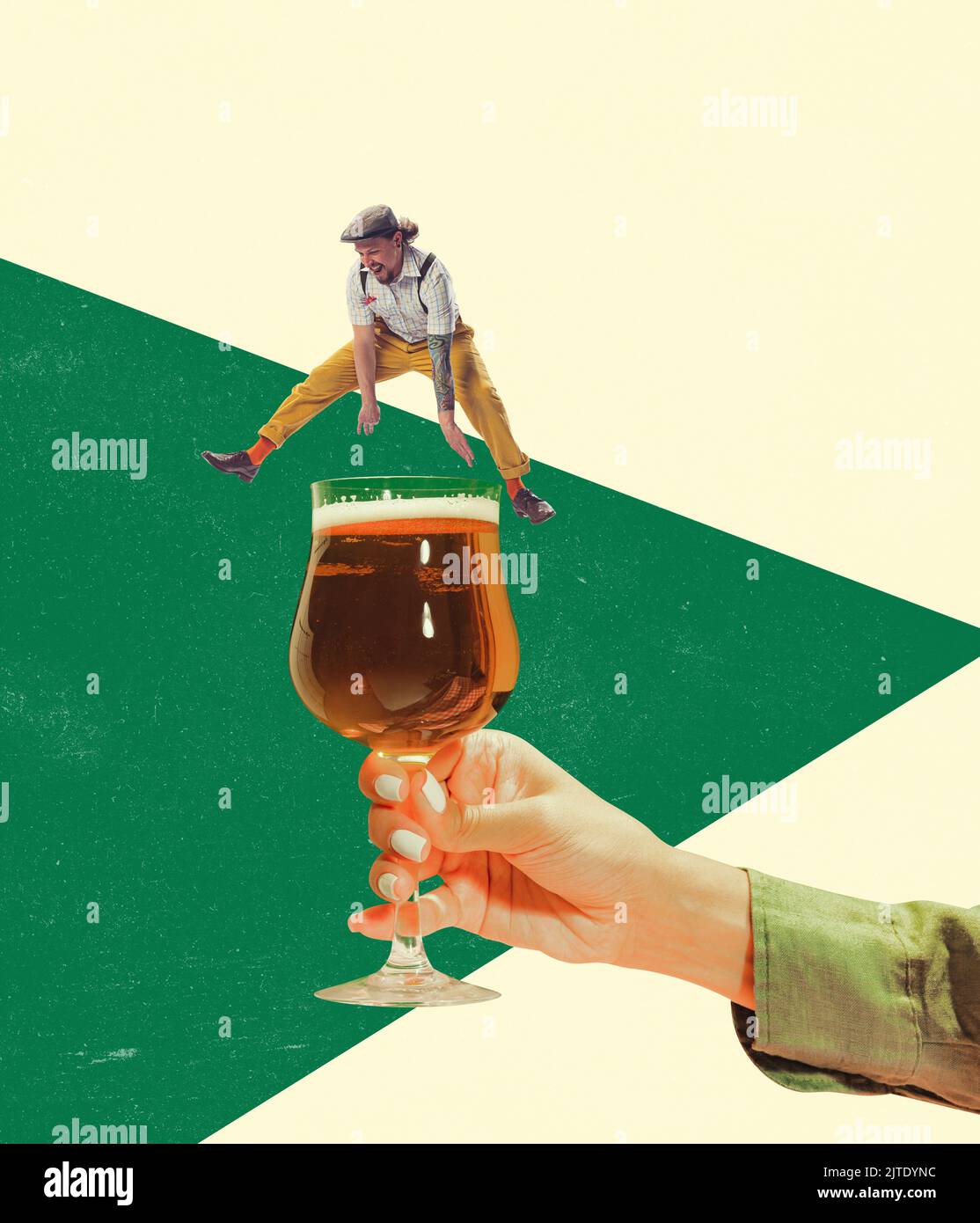 Man jumping over beer glass. Surreal contemporary art collage. Concept ...