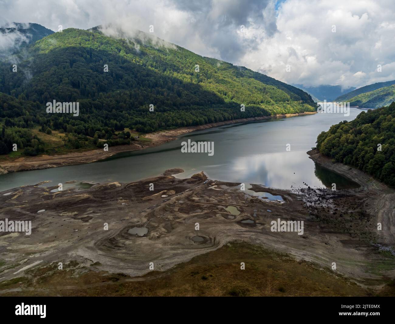Aerial view of the Poiana Marului Lake shore during the summer drought ...