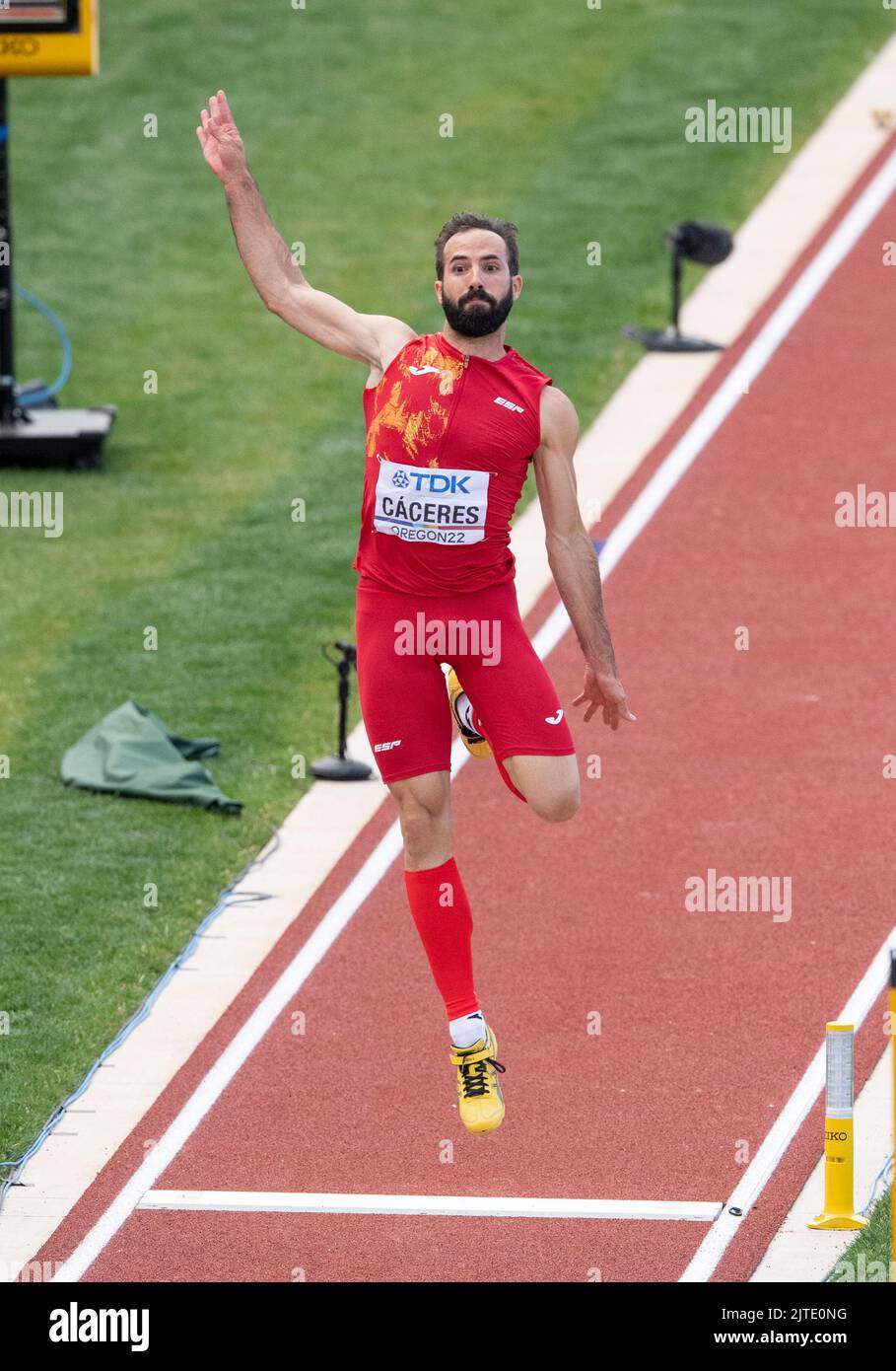 Eusebio Caceres of Spain competing in the men’s long jump final at the ...