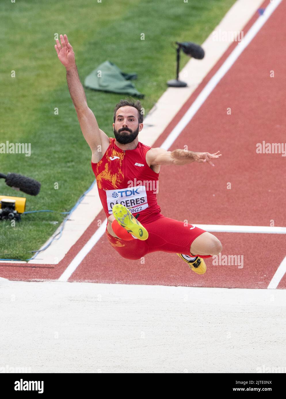 Eusebio Caceres of Spain competing in the men’s long jump final at the ...