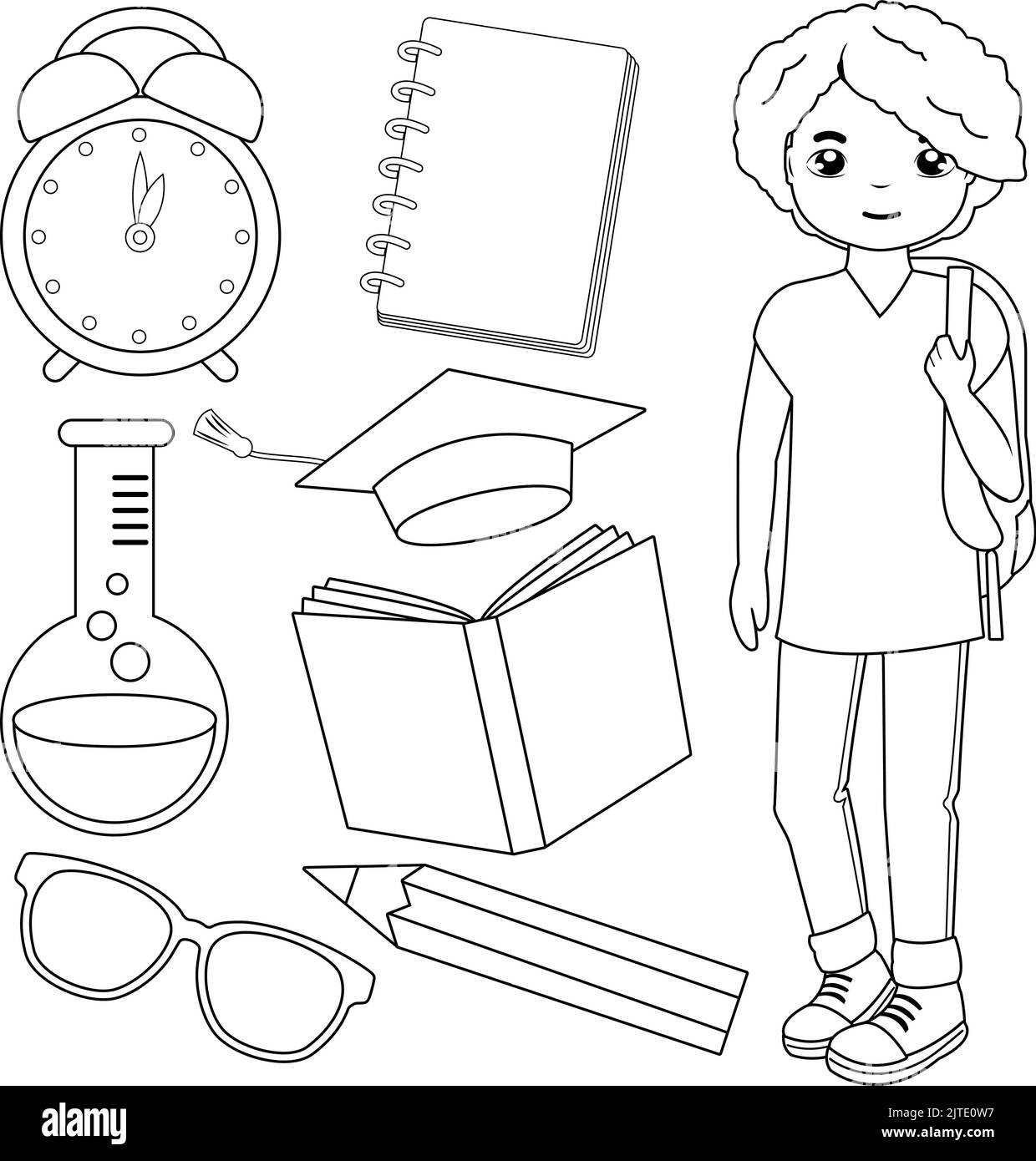 Student boy and set of school objects. Vector black and white coloring ...