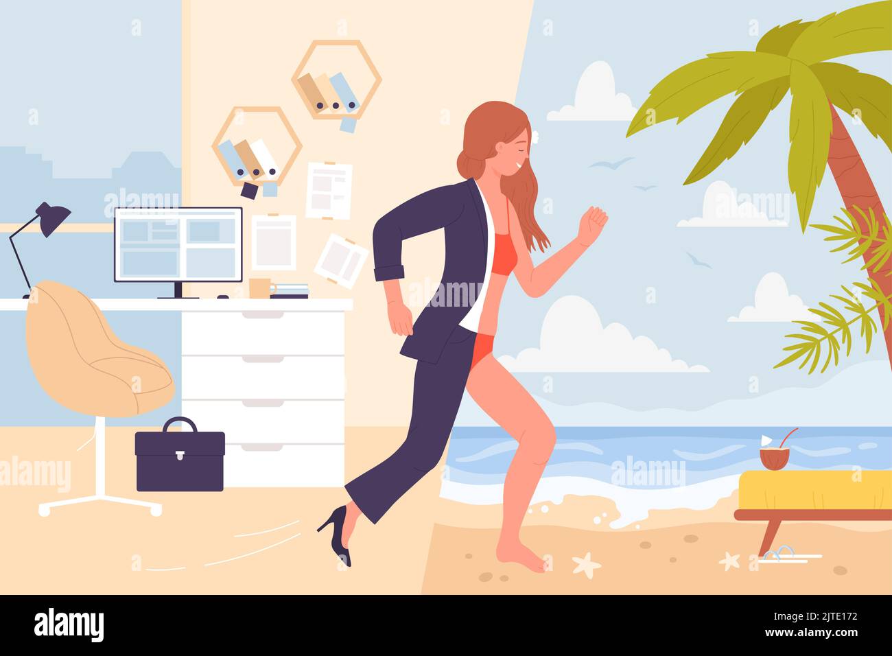 From office to beach for weekend or summer vacation vector illustration ...