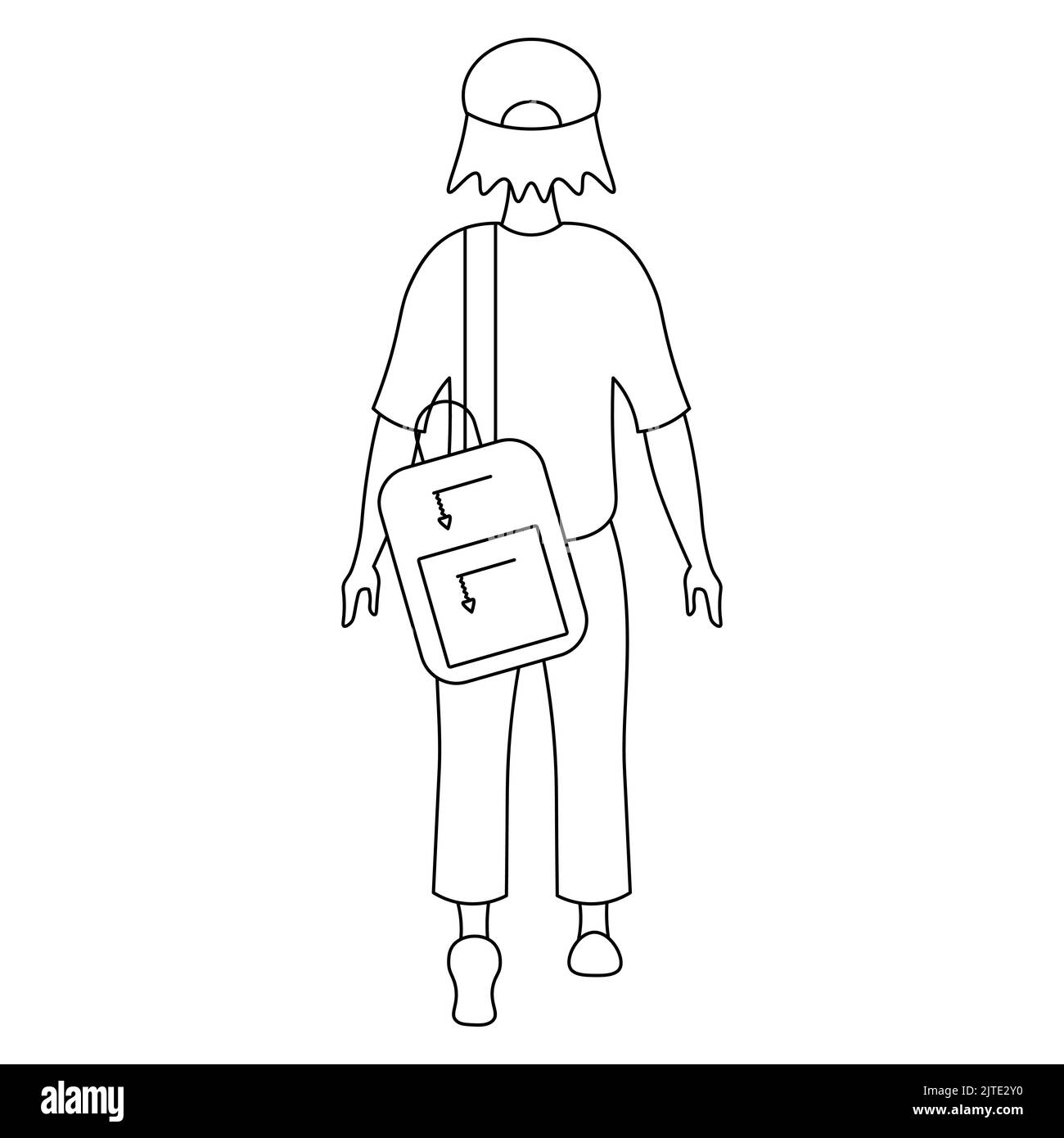 A schoolboy with a shoulder bag for textbooks goes to school. Sketch ...