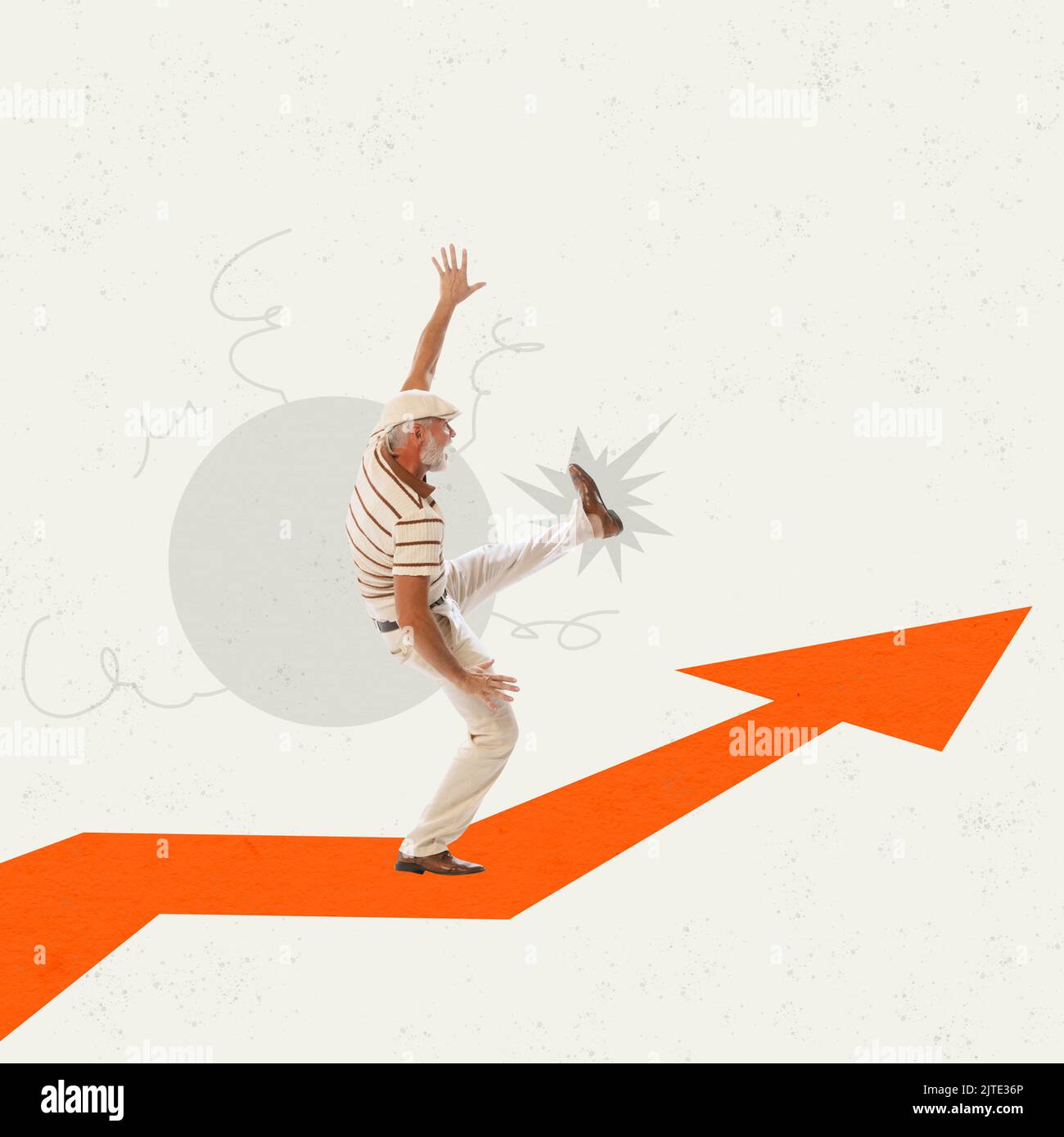 Contemporary art collage with happy senior man dancing of big orange ...