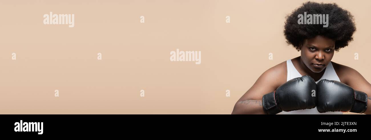 strong african american plus size woman with boxing gloves isolated on ...