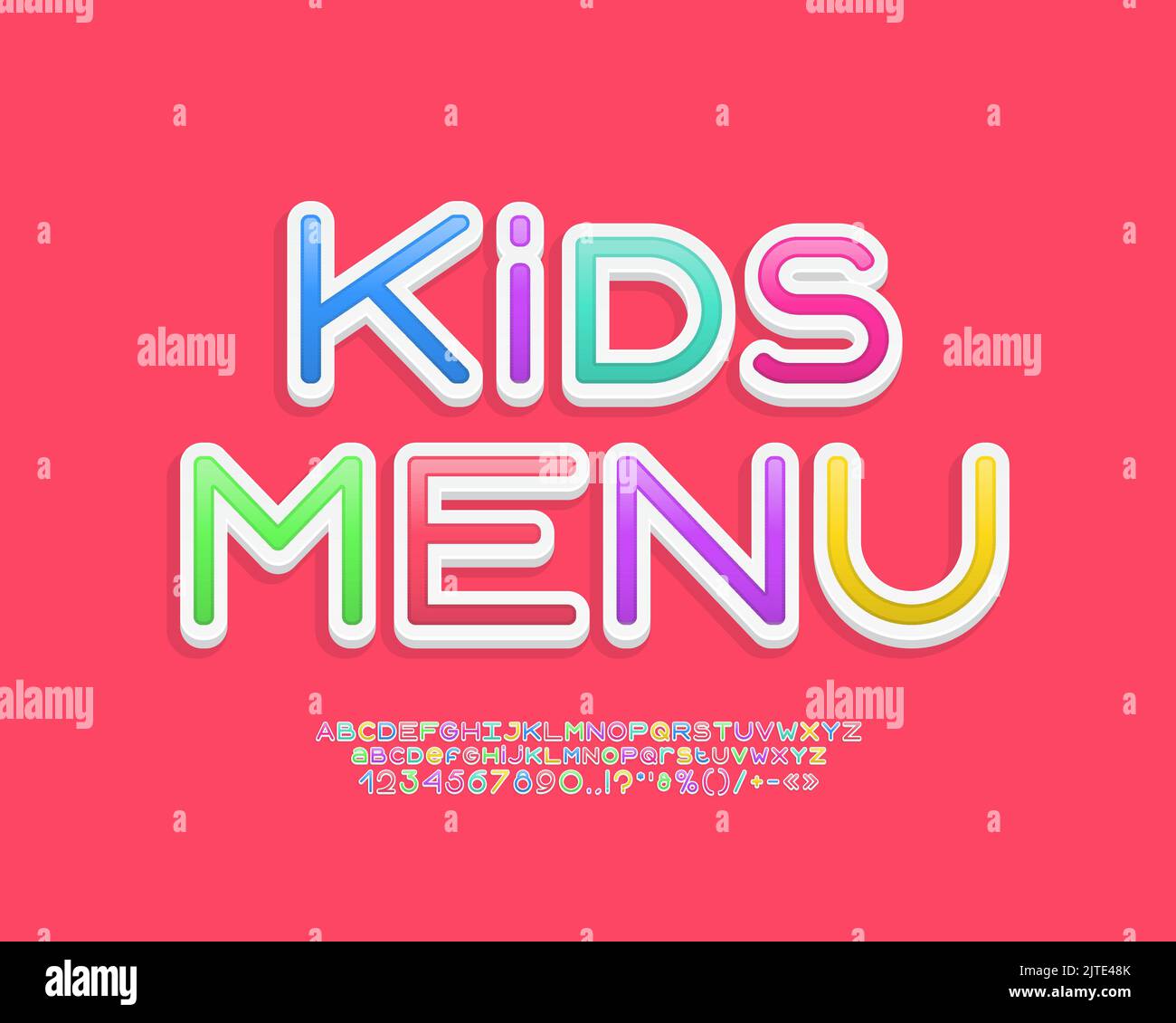 Bright banner Kids Menu with sticker style font. Multicolor alphabet letters and numbers set ...