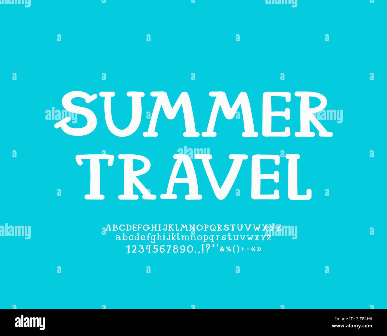 Blue poster Summer Travel with serif alphabet white color. Vector set ...