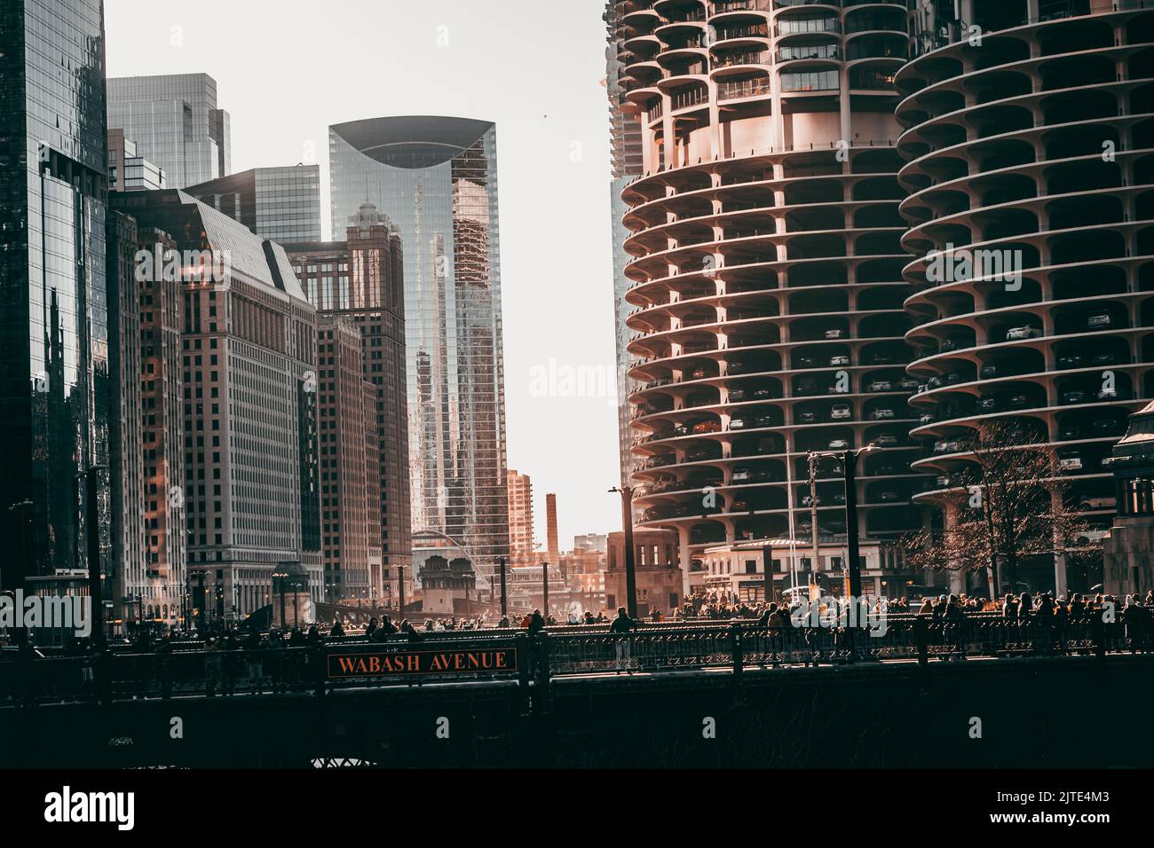 A view of Wabash avenue and the skyscrapers in the background in ...