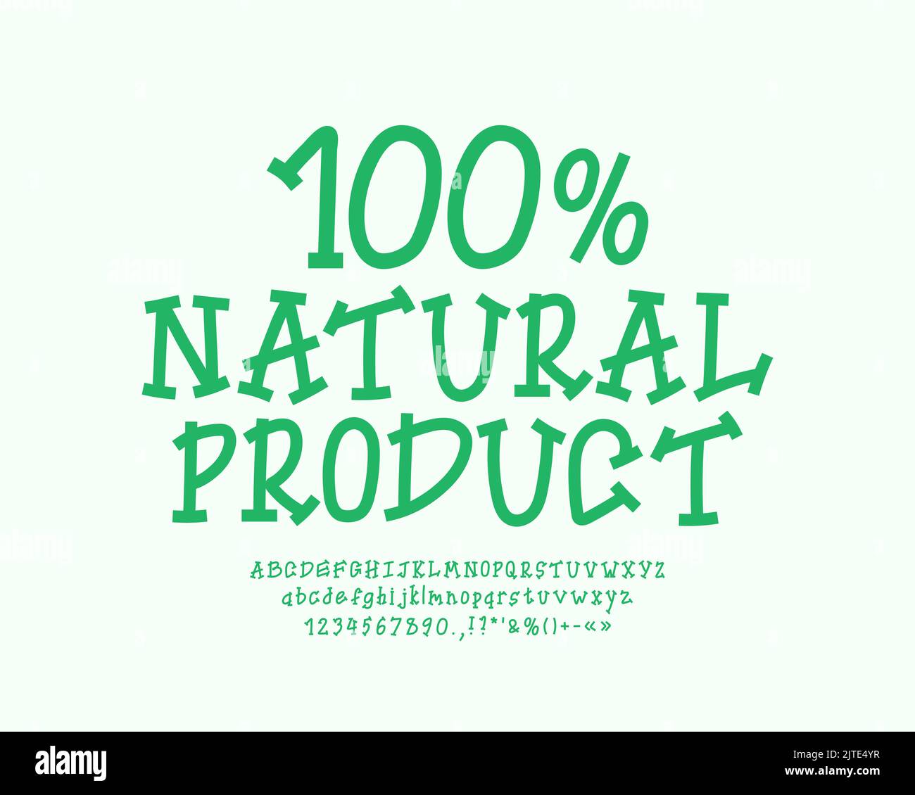 Creative food label Natural product. Cartoon font set with letters ...