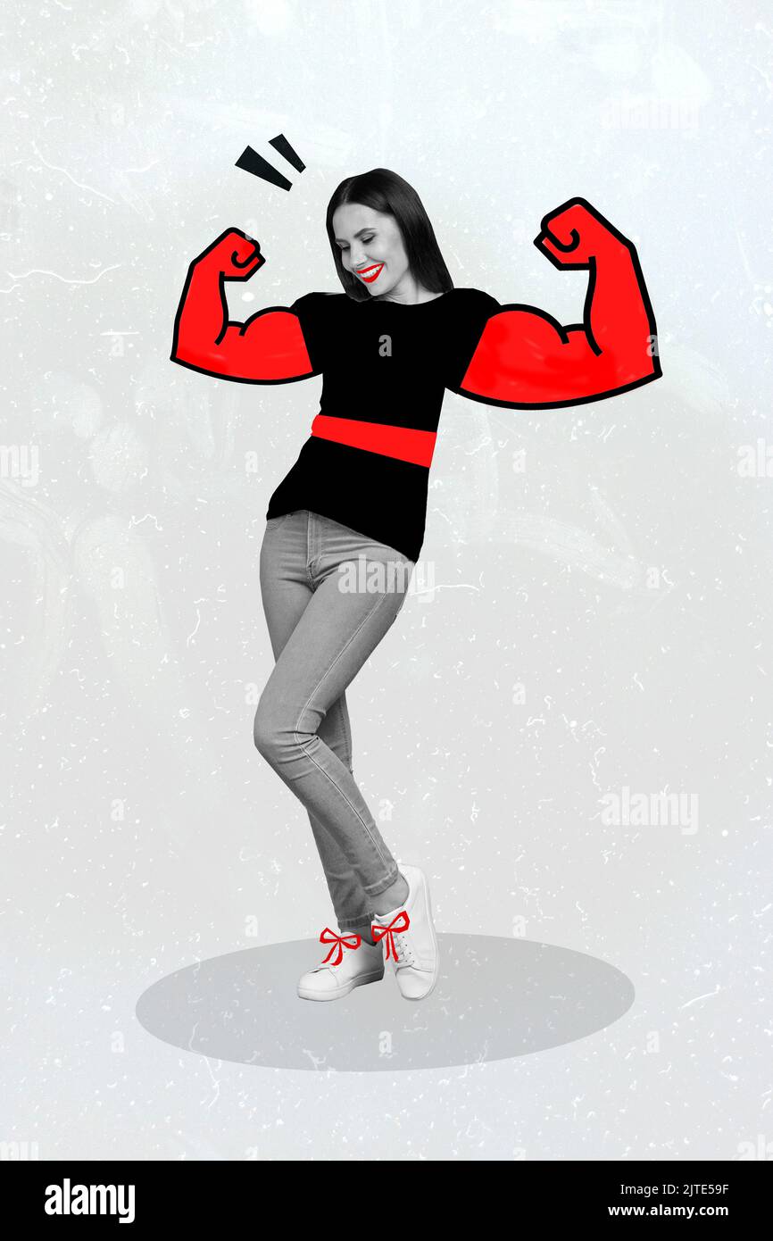 Vertical composite collage image of positive sportive girl painted arms ...