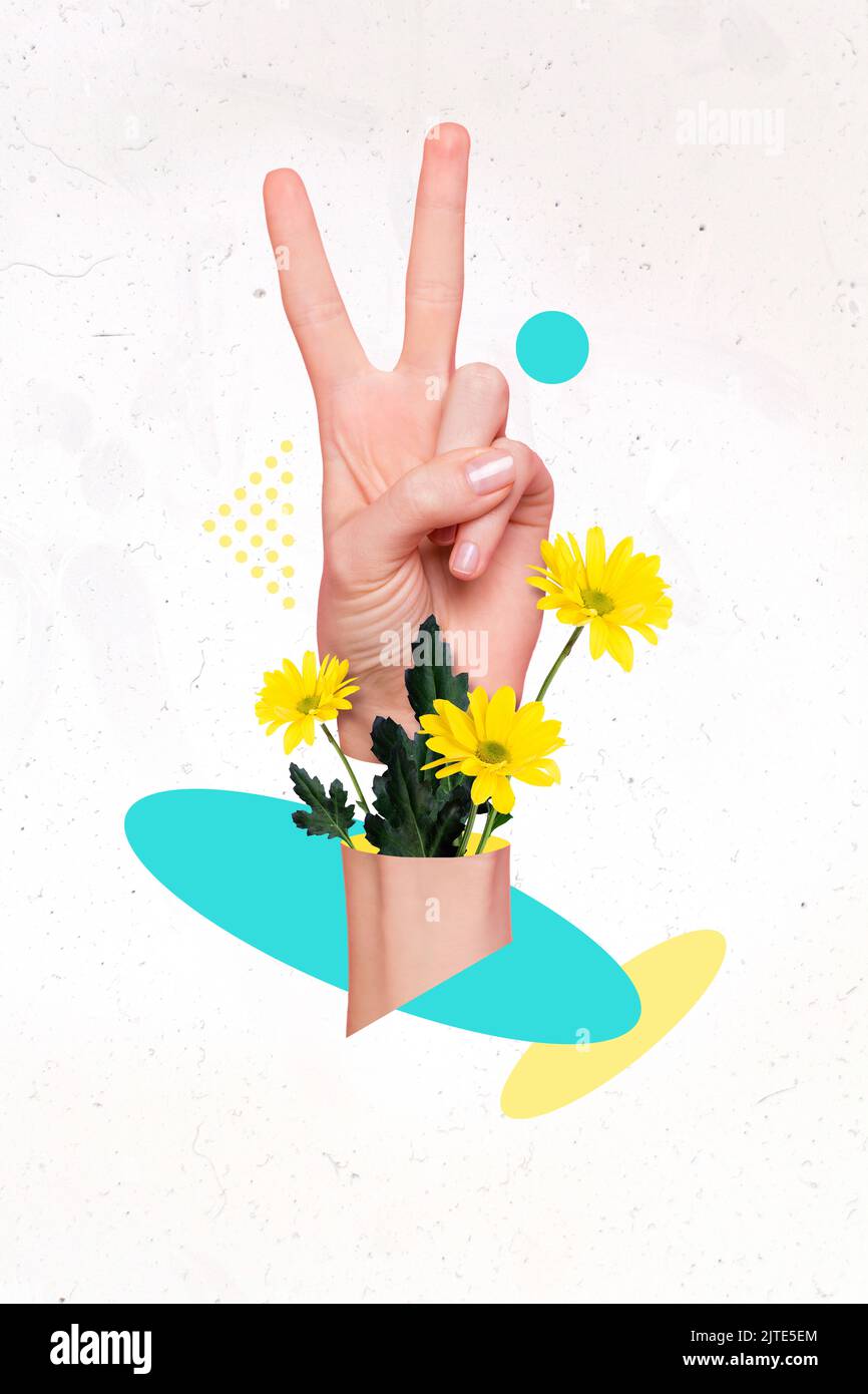 Vertical collage illustration of human hand fingers demonstrate v-sign ...