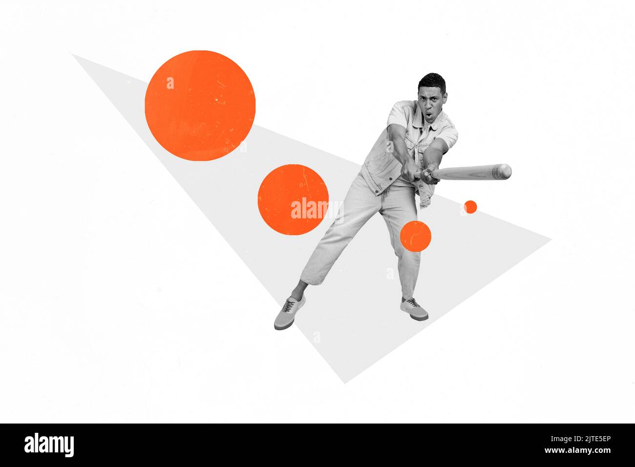 Photo collage of young man play baseball isolated on drawing grey color ...