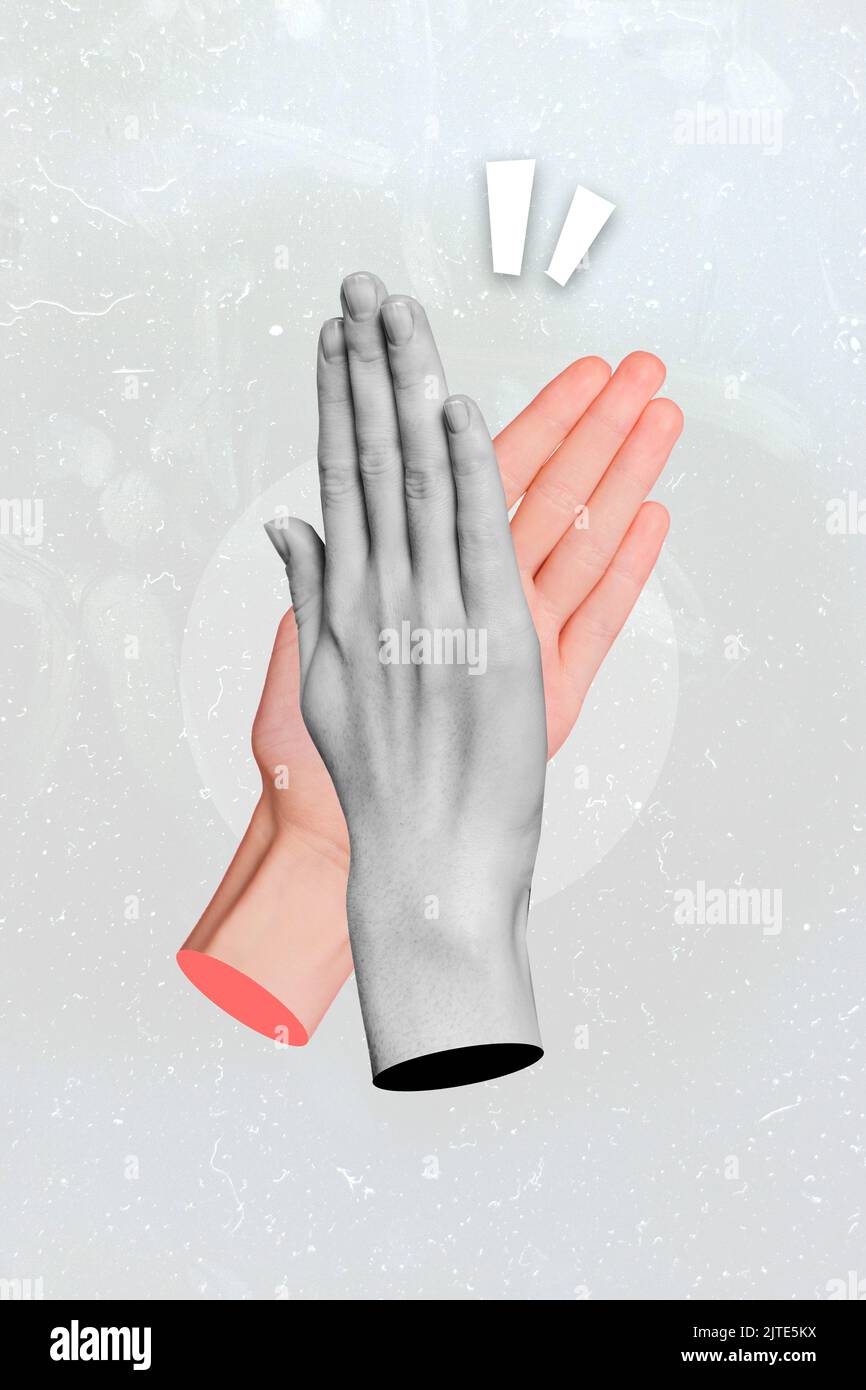 Vertical composite collage illustration of colorful black white hands ...
