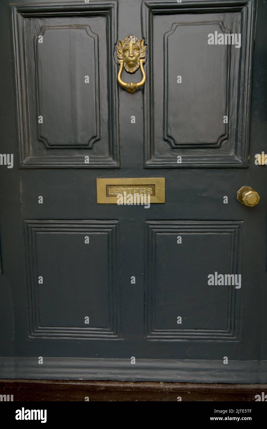 Dark green painted solid entrance door with metal gold brass ornament ...