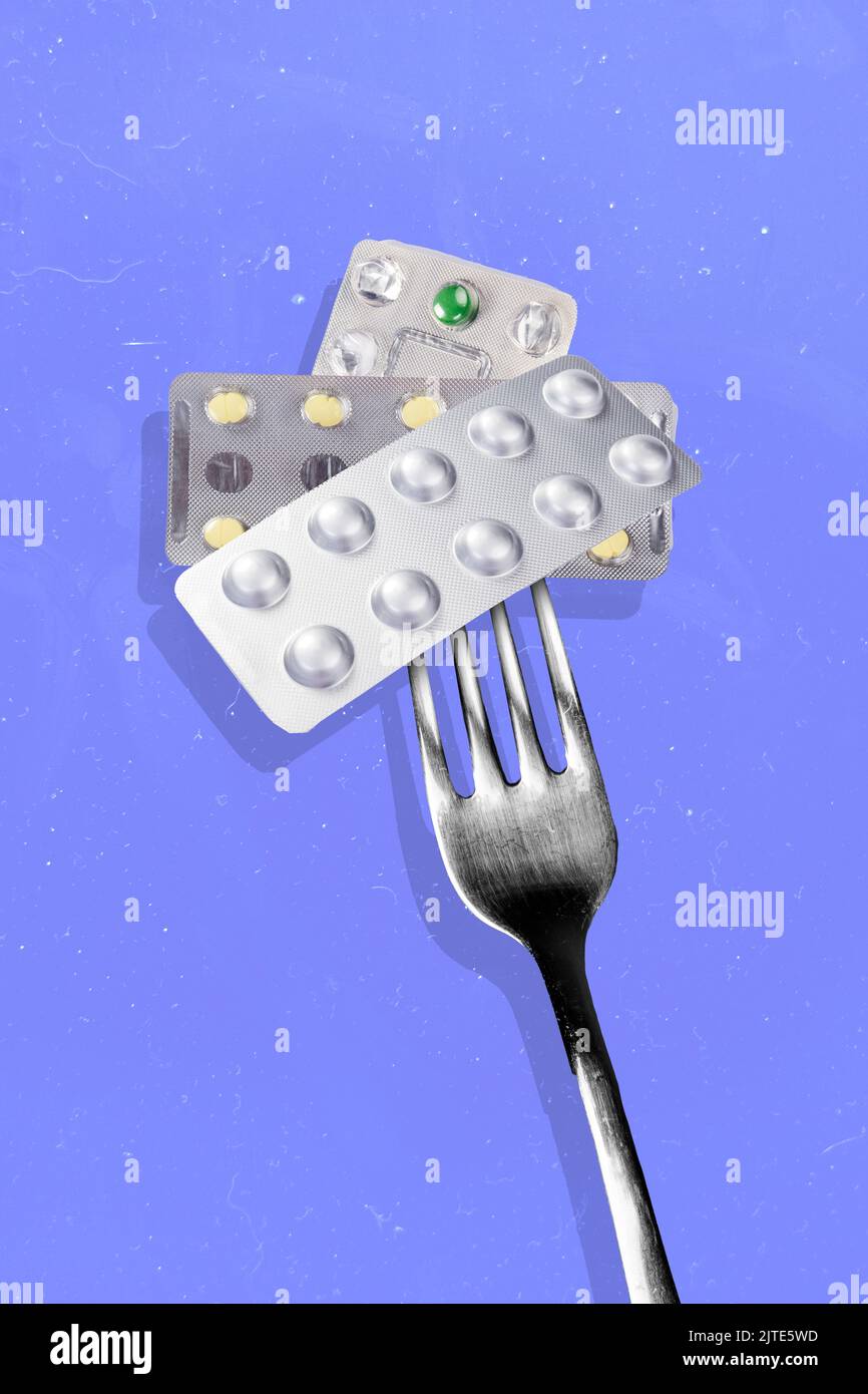 Vertical banner collage of fork pills isolated on drawing blue color ...