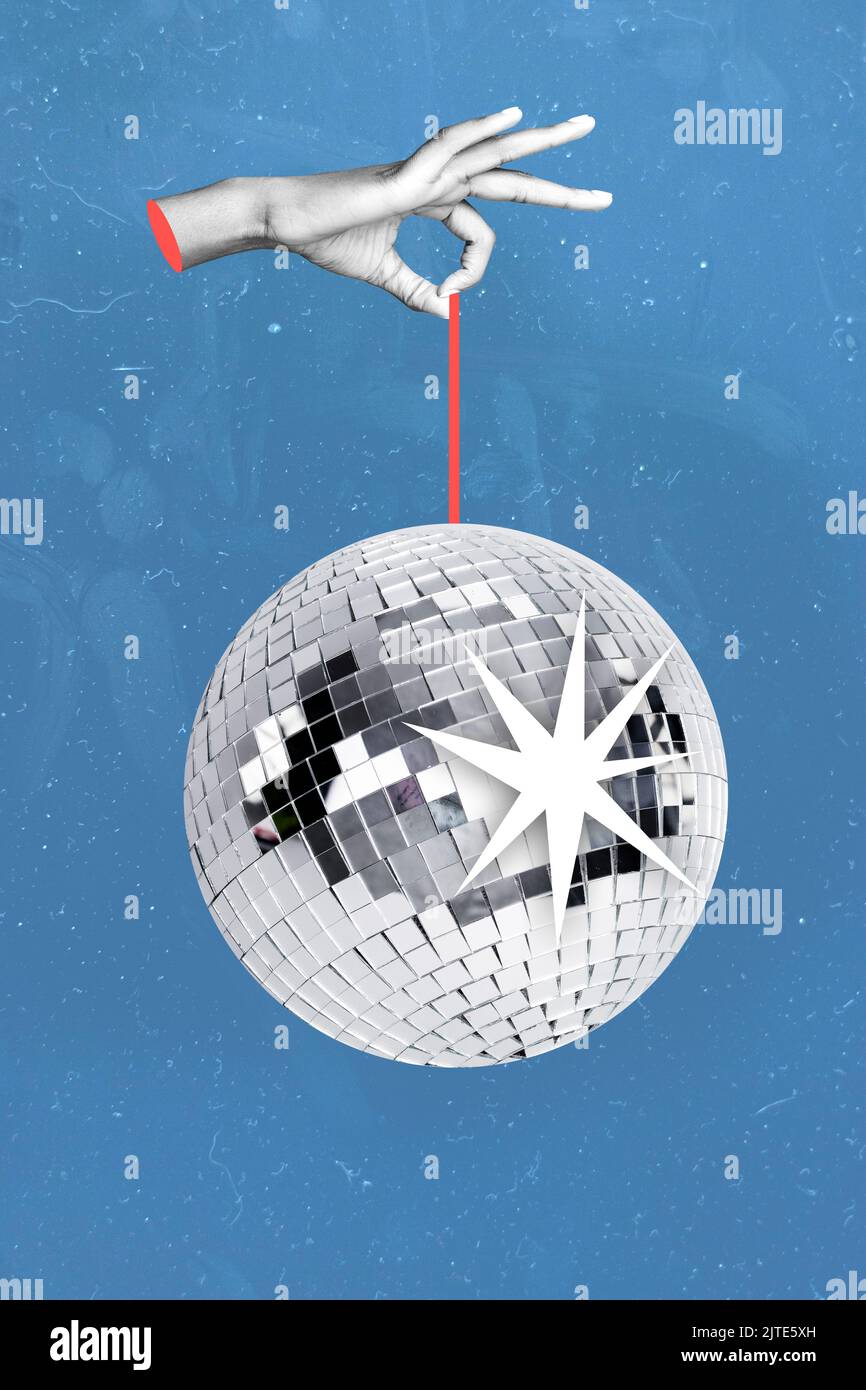 Vertical poster collage of disco ball hold hand isolated on painting ...