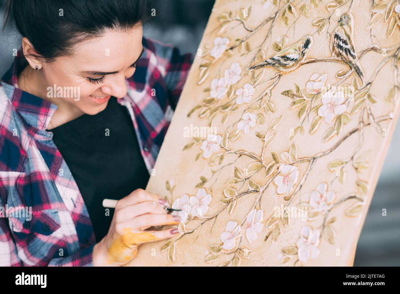 artist work studio woman painter canvas easel Stock Photo - Alamy