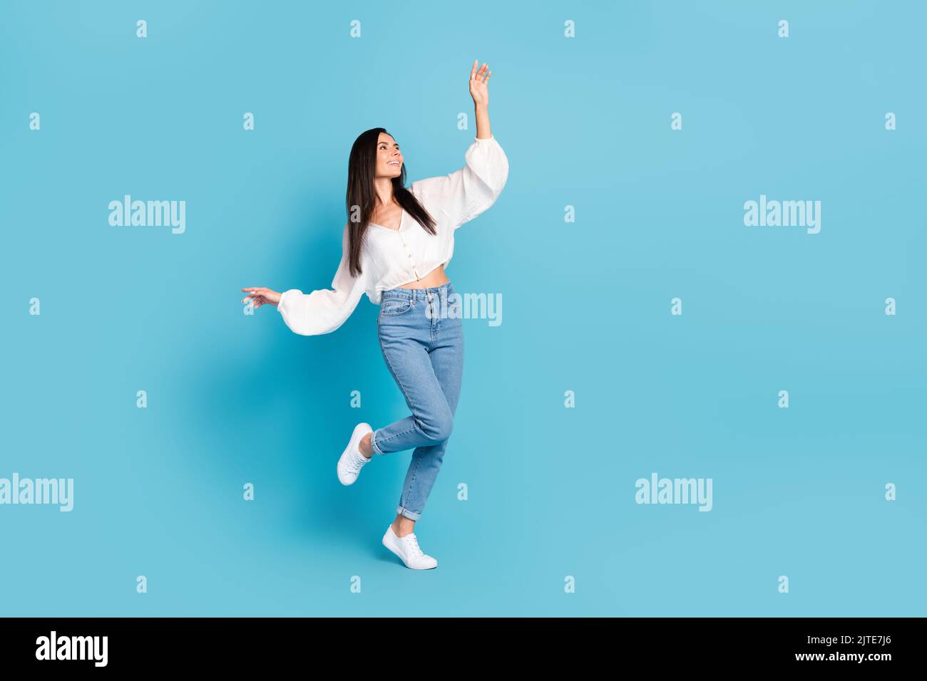 Full length photo of adorable peaceful person enjoy dancing isolated on ...