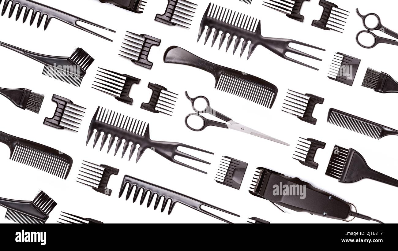 Set of professional hairdressing accessories isolated on white ...