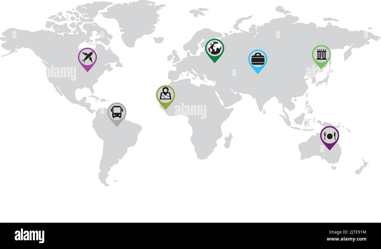 A grayscale world map with placed locations of different activity icons ...