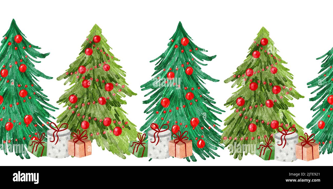 Watercolor seamless hand drawn border with Christmas trees. Winter ... Watercolor seamless hand drawn border with Christmas trees. Winter ...