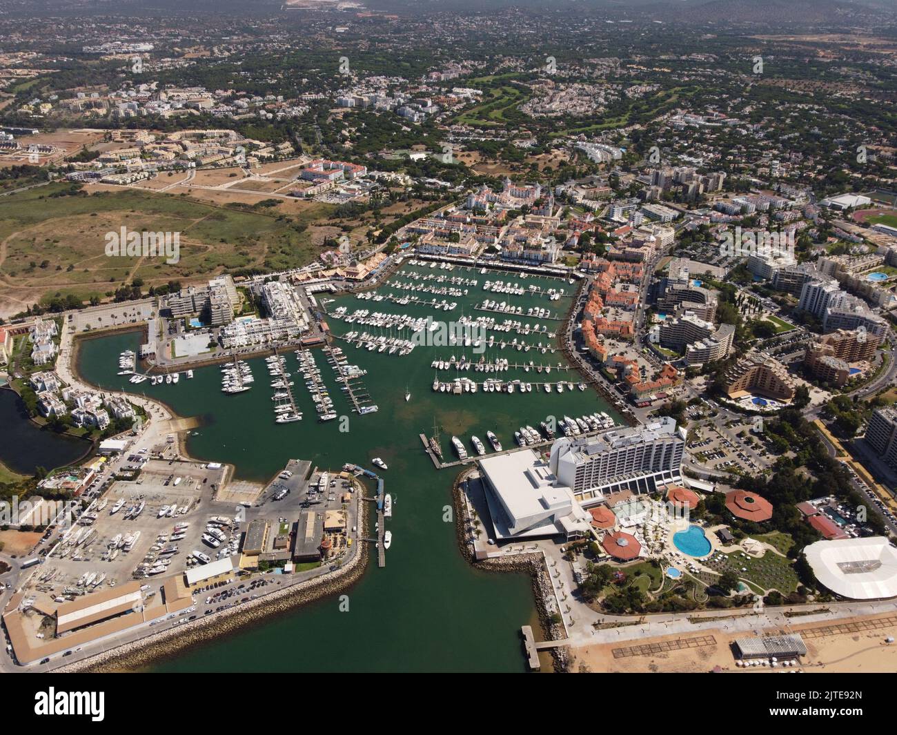 An aerial view of the harbour and a coastal town Stock Photo - Alamy