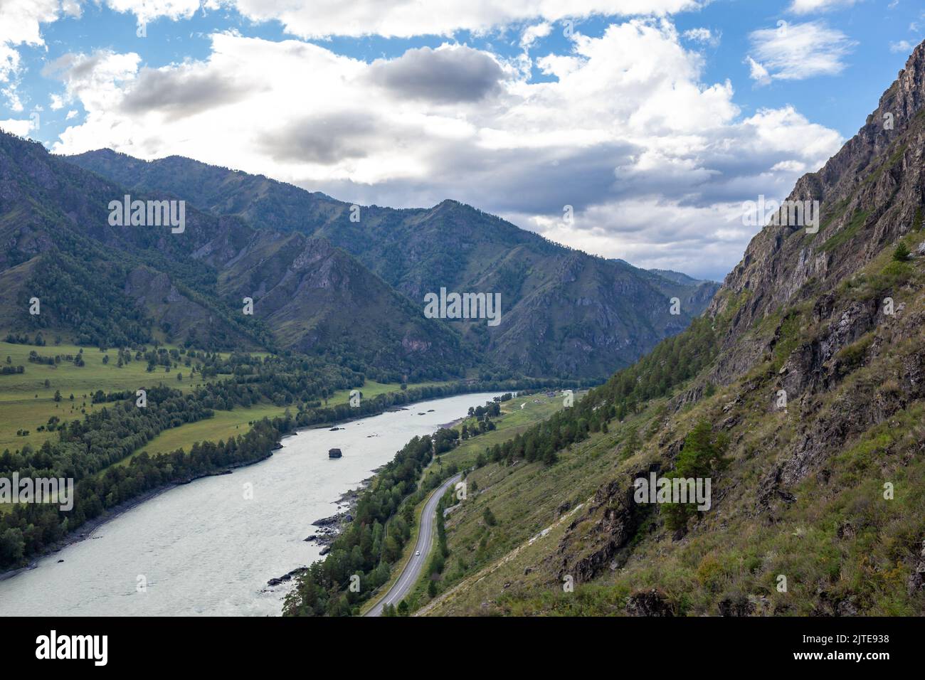 Colorful view of the mountains and the Katun River, with an island in ...