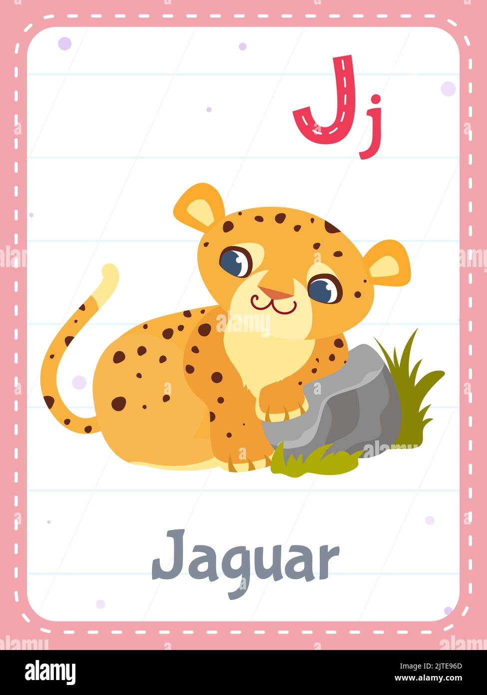 Alphabet printable flashcard with letter J. Cartoon cute jaguar animal and english word on flash ...