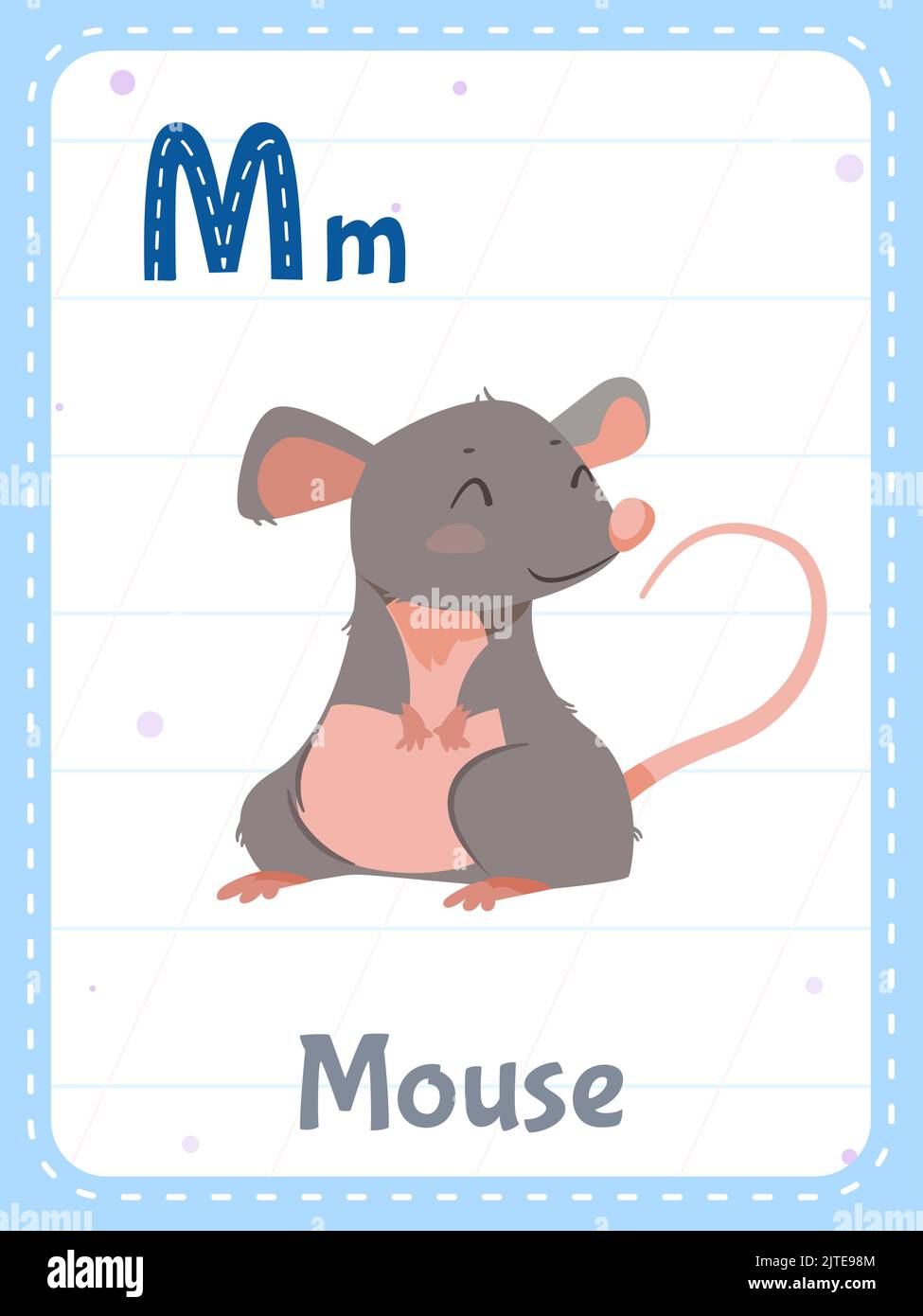 Alphabet printable flashcard with letter M. Cartoon cute mouse animal ...