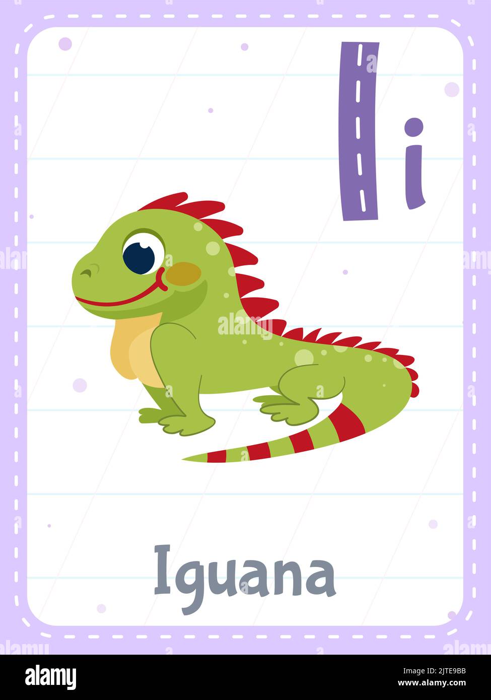 Alphabet printable flashcard with letter I. Cartoon cute green iguana ...