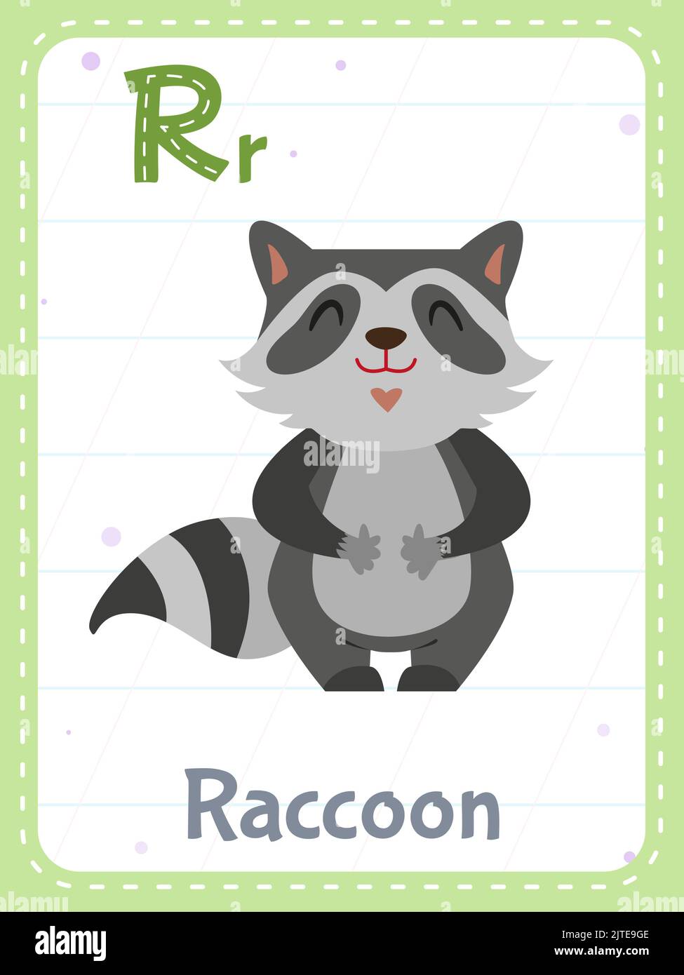 Alphabet printable flashcard with letter R. Cartoon cute raccoon animal ...
