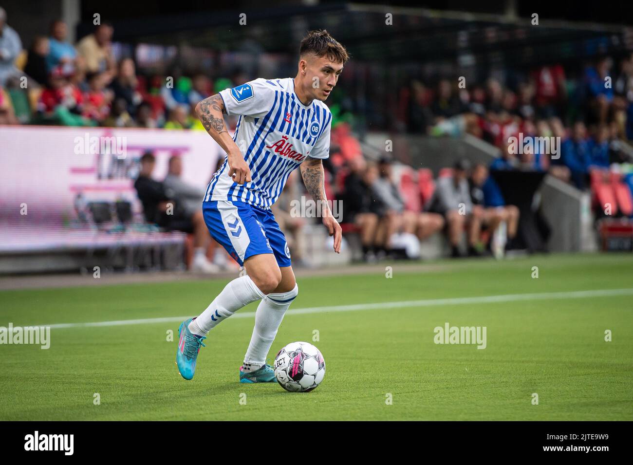 Silkeborg, Denmark. 28th, August 2022. Nicholas Mickelson (2) of Odense ...