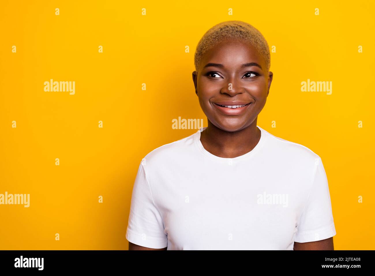 Photo of pleased optimistic girlfriend wear white outfit think sight ...