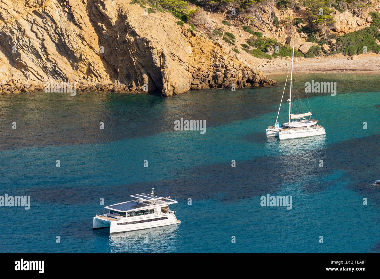 pleasure boats anchored, Cala Egos, Andratx coast, Majorca, Balearic ...