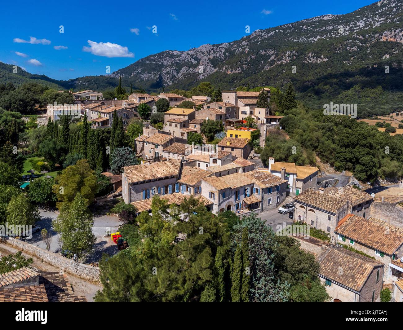 aerial view from the top of the hill, Orient village, Bunyola, Majorca ...