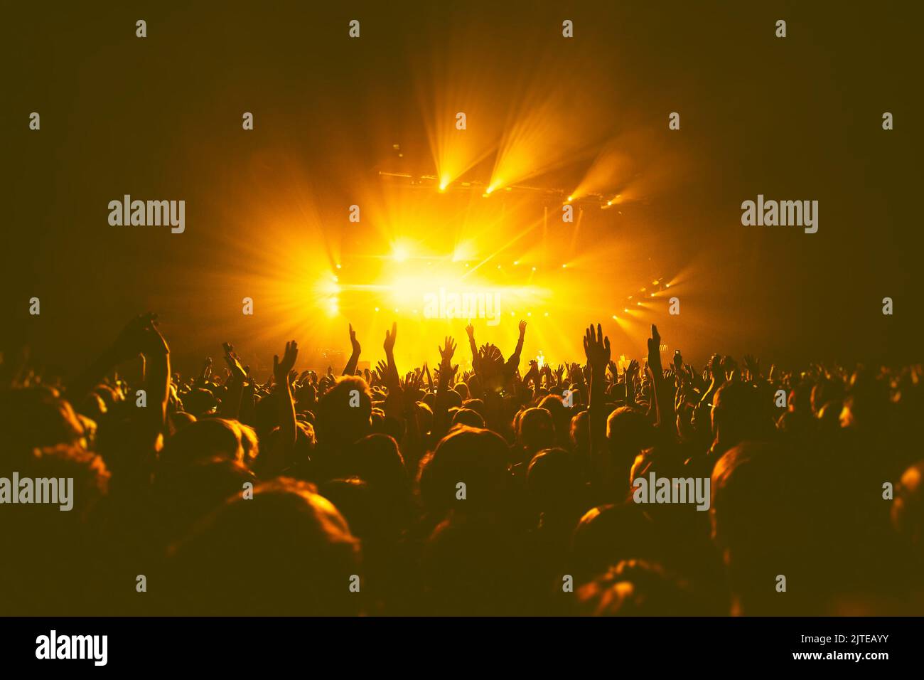 A crowded concert hall with scene stage orange and yellow lights, rock ...