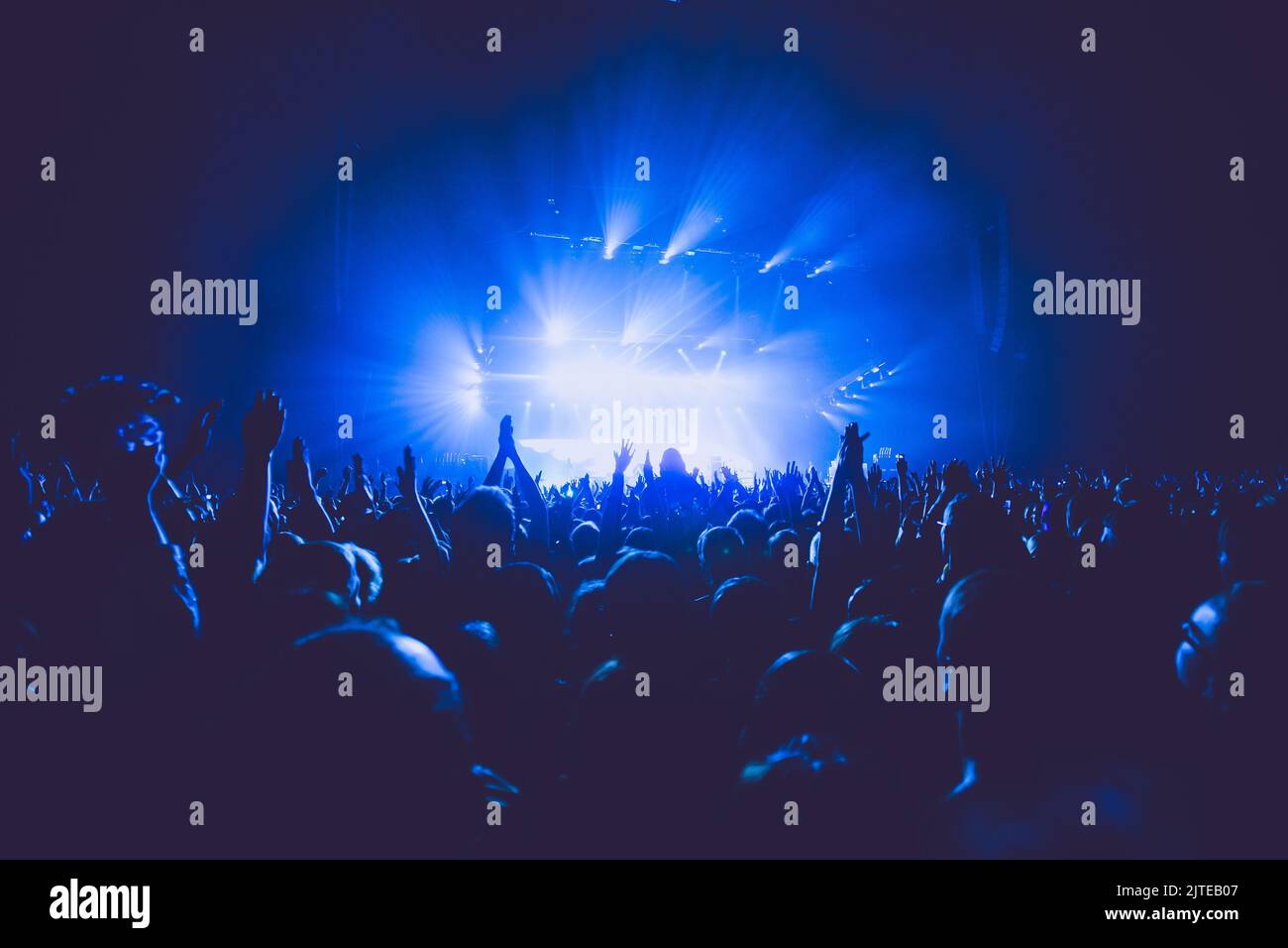 A crowded concert hall with scene stage lights in blue tones, rock show ...
