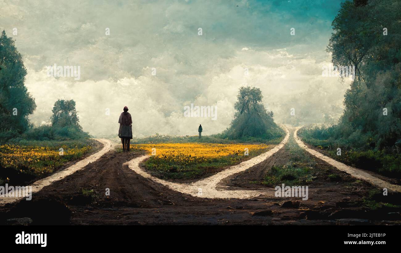 A person making choice at a fork in the road. Classic painting ...